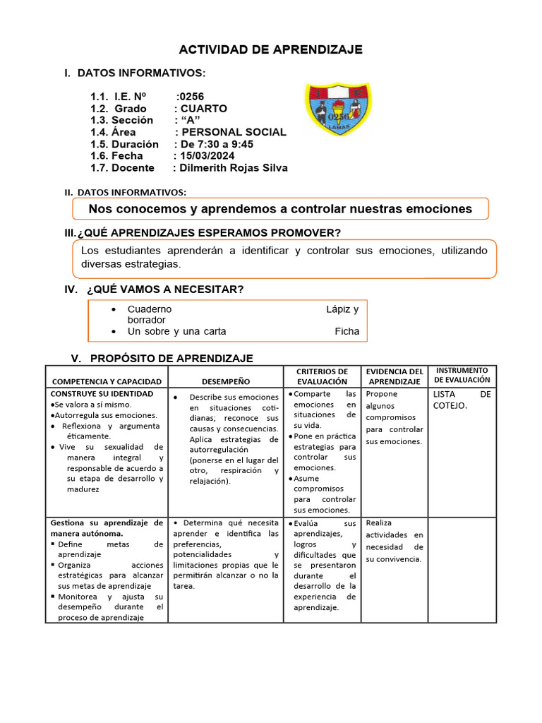 SESION PS. 15 MARZO- Nos Conocemos y Aprendemos a Controlar Nuestras Emociones | PDF | Las ...