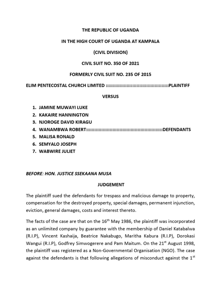 JUDGMENT ELIM Petencostal CHURCH LTD V Jamine Muwayi Luke & Others | PDF | Articles Of ...