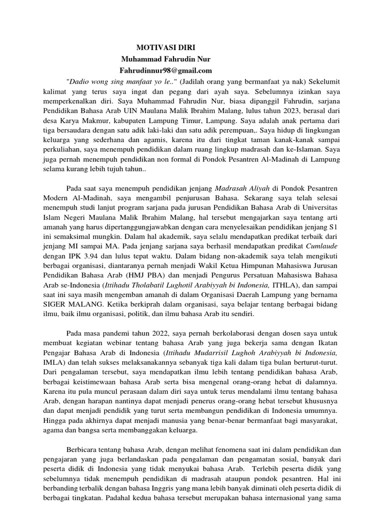 LPDP Fahrudin - Essay Motivasi Diri - Kontribusi | PDF
