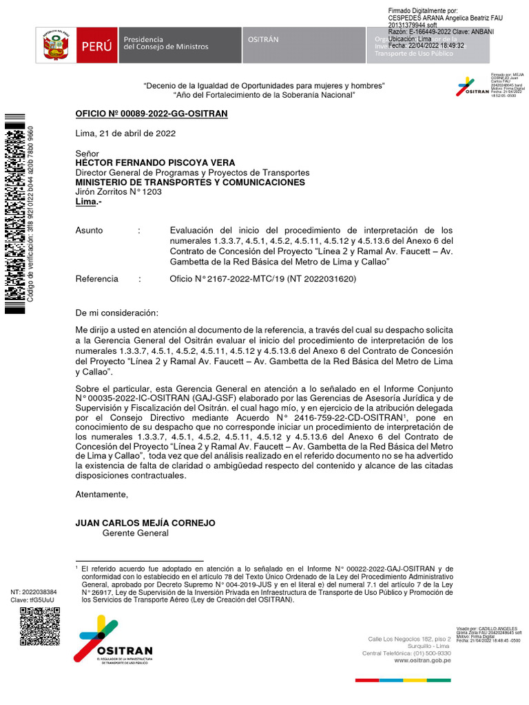 Oficio 00089 2022 GG Ositran | PDF