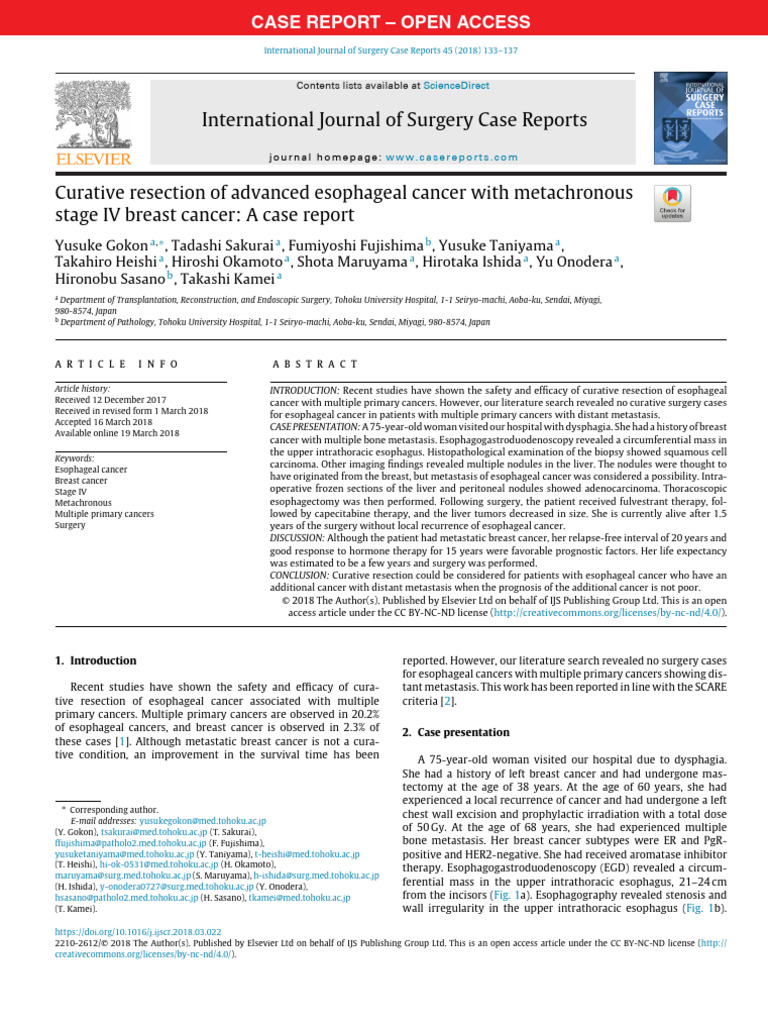 Curative Resection of Advanced Esophageal Cancer 2018 International ...