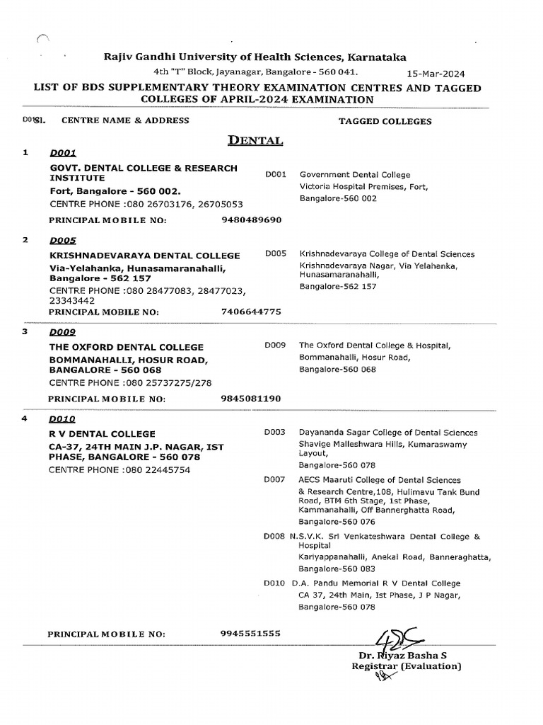 List of BDS Supplementary Theory Examination Centres and Tagged Colleges of April 2024 ...