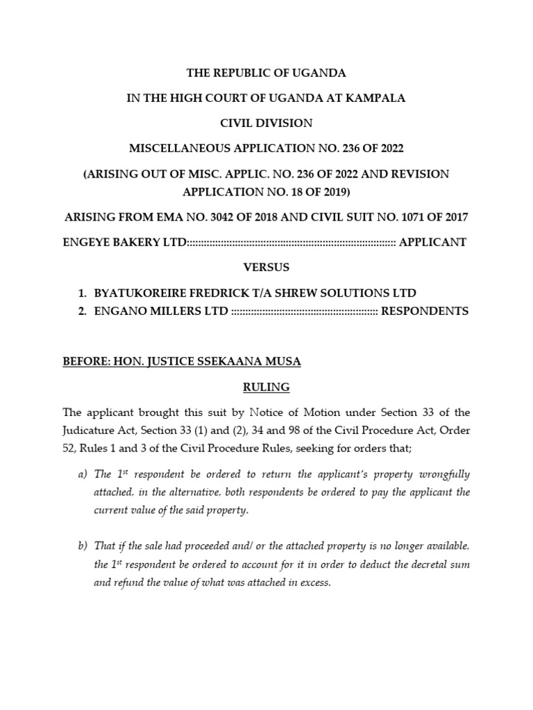 Ruling ENGEYE BAKERY LTD Vs BYATUKOREIRE FREDRICK & ANOR. | PDF ...