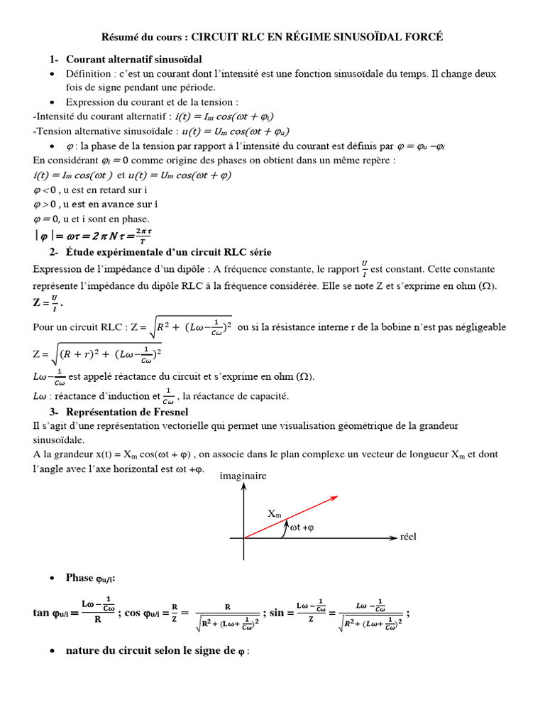 Résumé sur le Circuit RLC Sinusoïdal | PDF | Impédance (électricité ...