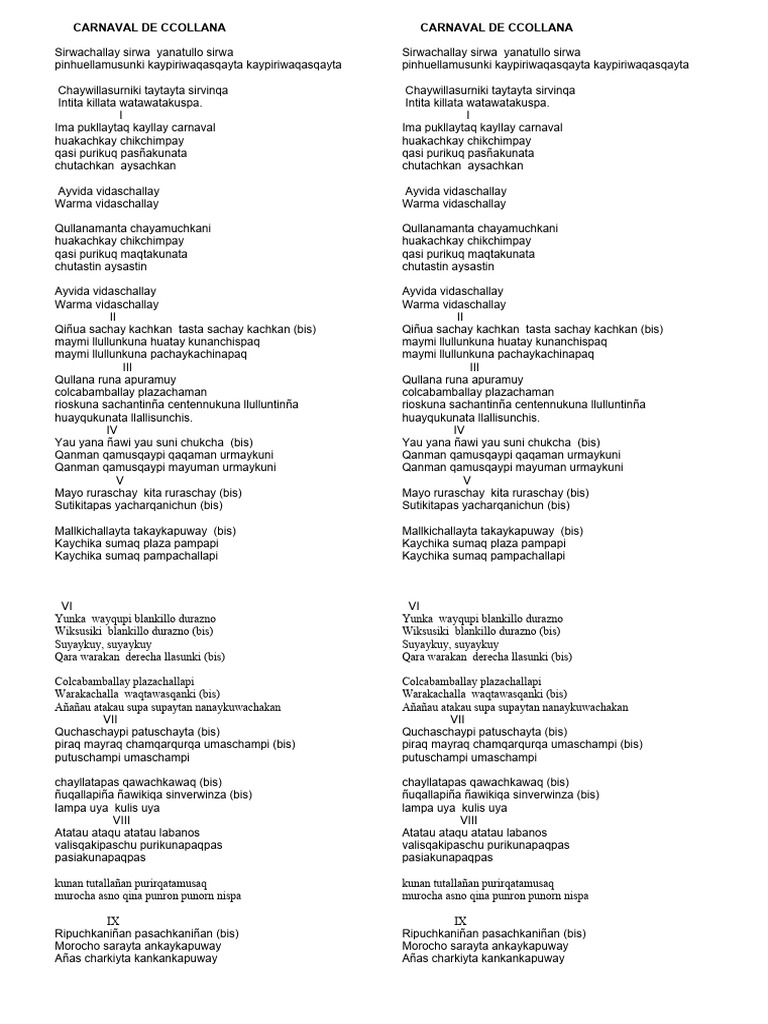 Carnaval de Ccollana Letra Aumentada | PDF