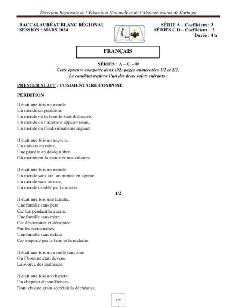 Bac Blanc Composition Française Korhogo 2024 | PDF