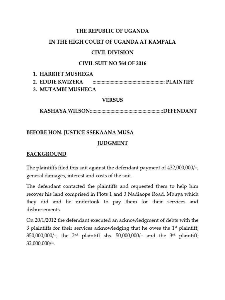 Judgment Harriet Mushega & Others V Kashaya Wilson | PDF | Pleading ...