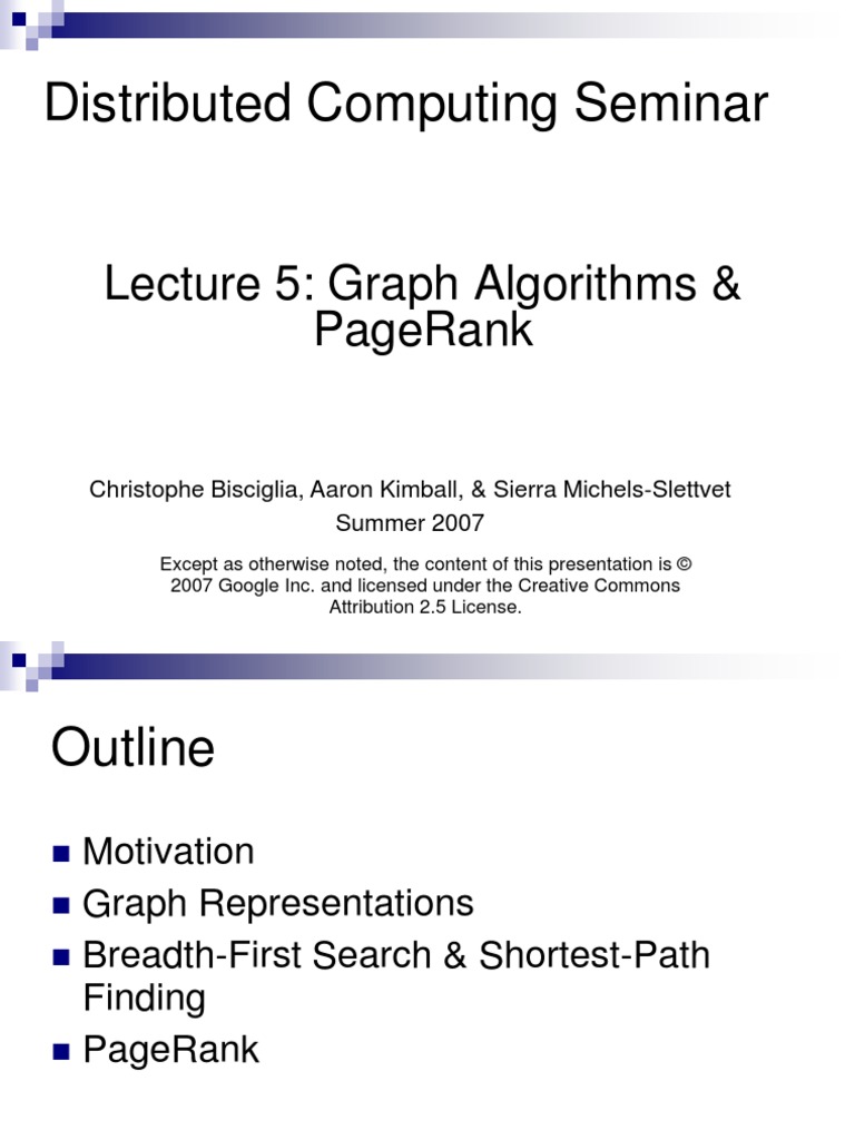 Distributed Computing Seminar: Lecture 5: Graph Algorithms & Pagerank | PDF | Map Reduce ...