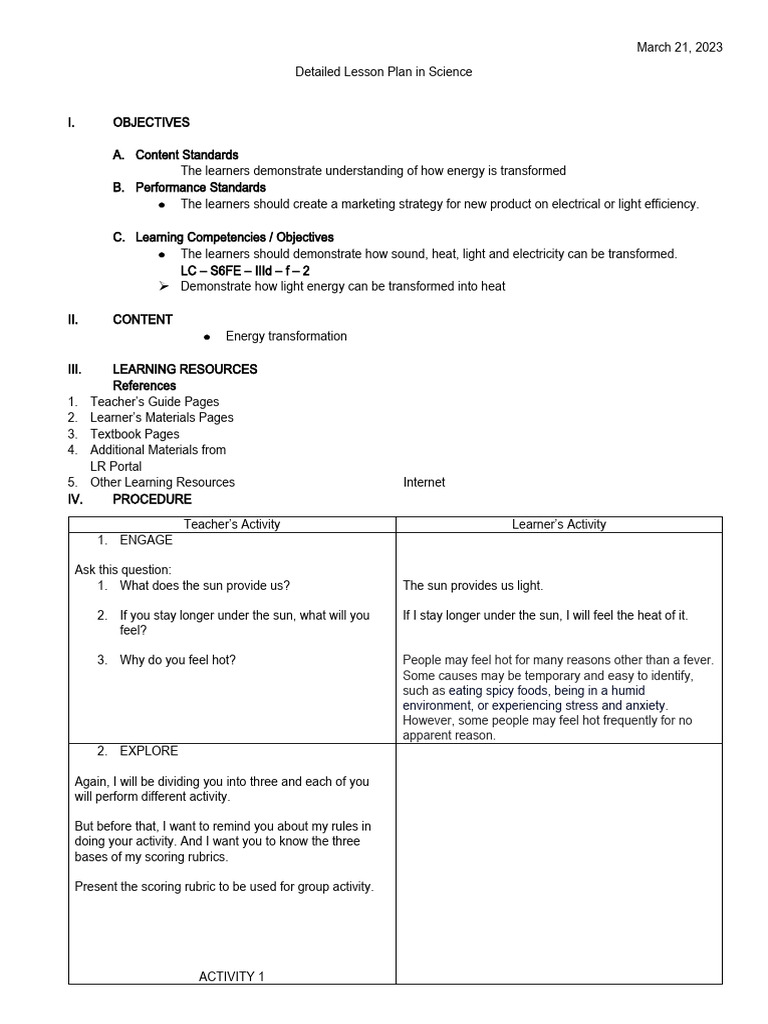 Energy Transformation Lesson Plan | PDF | Learning | Lesson Plan