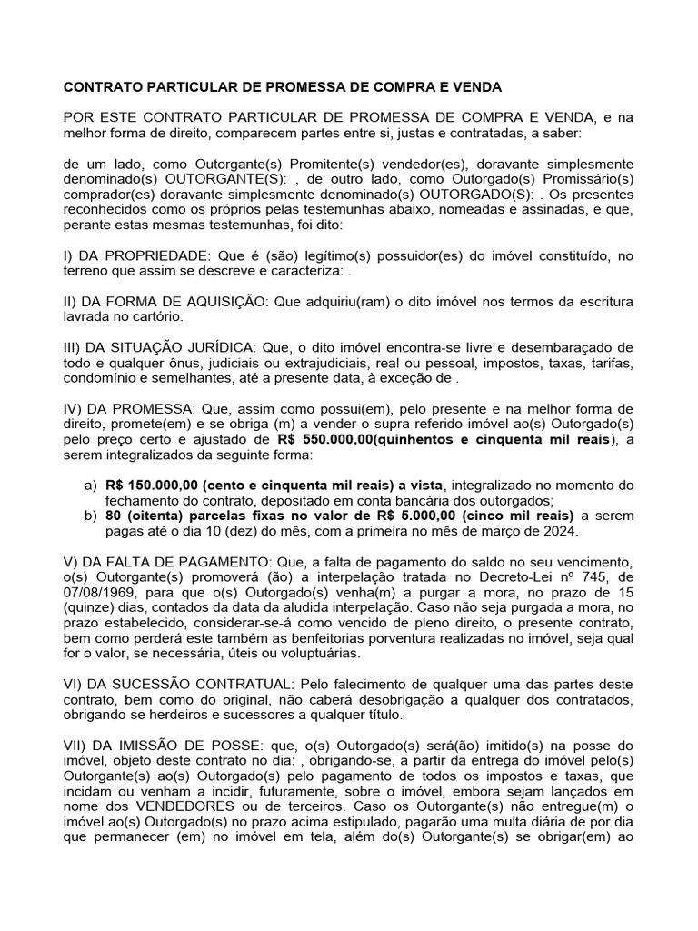 Imoveis Contrato Particular de Promessa de Compra e Venda | PDF ...