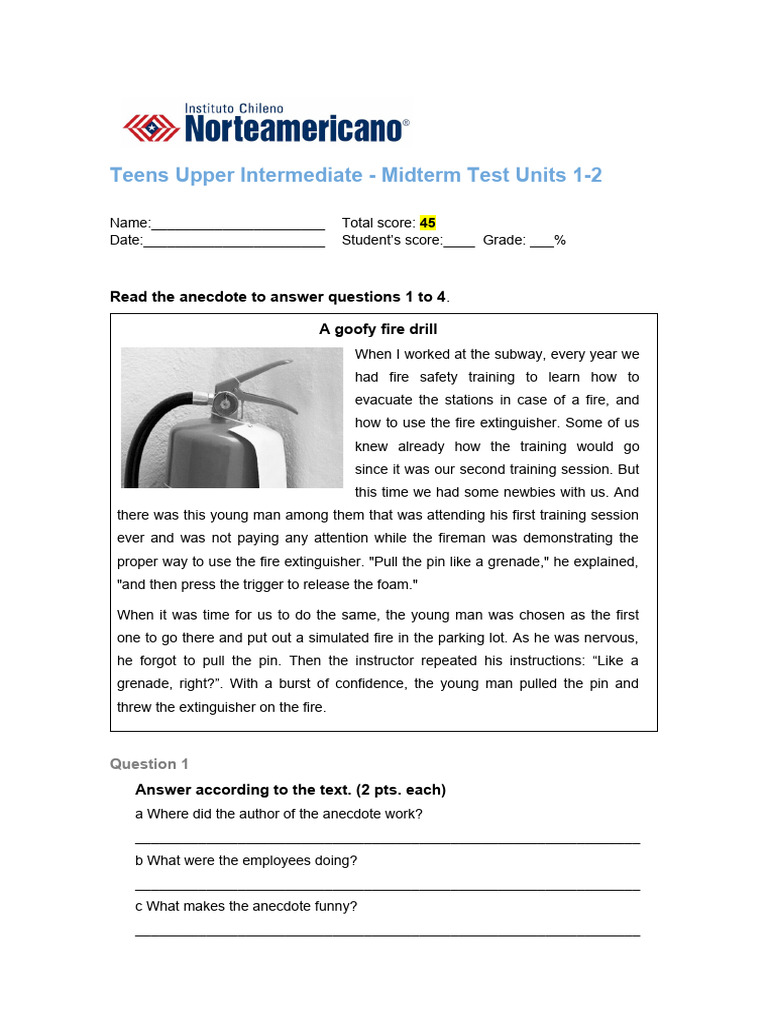 Upper Intermediate Midterm Test 1-2 | PDF