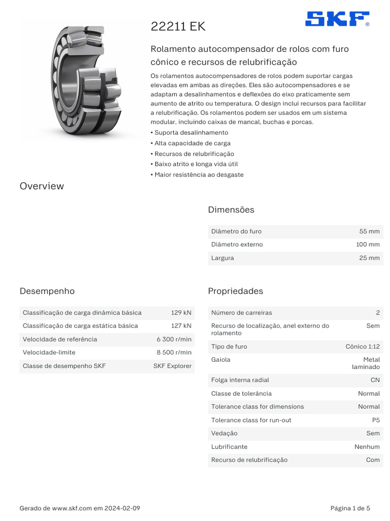 SKF 22211 EK Specification | PDF