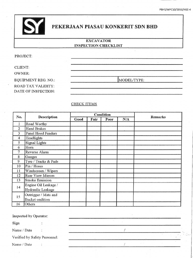 4_Excavator Inspection Checklist | PDF