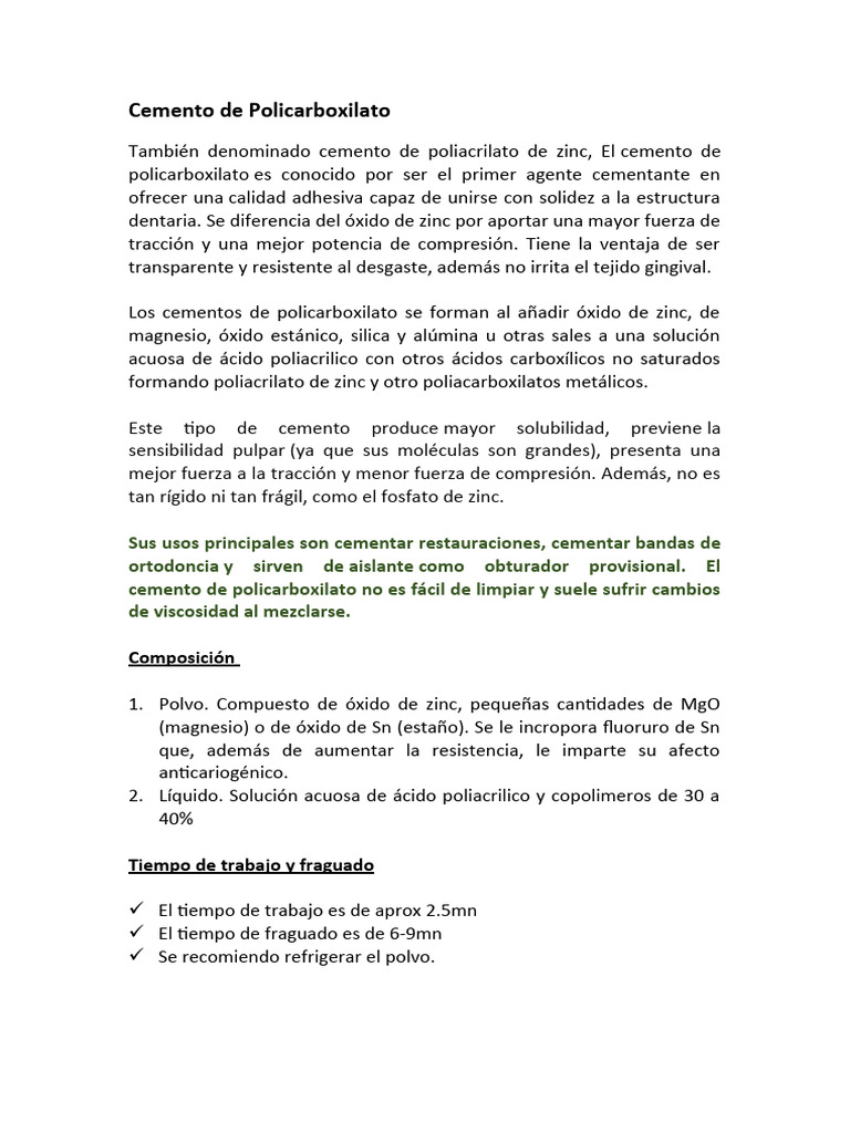 Usos del Cemento de Policarboxilato Dental | PDF | Cemento | Estaño