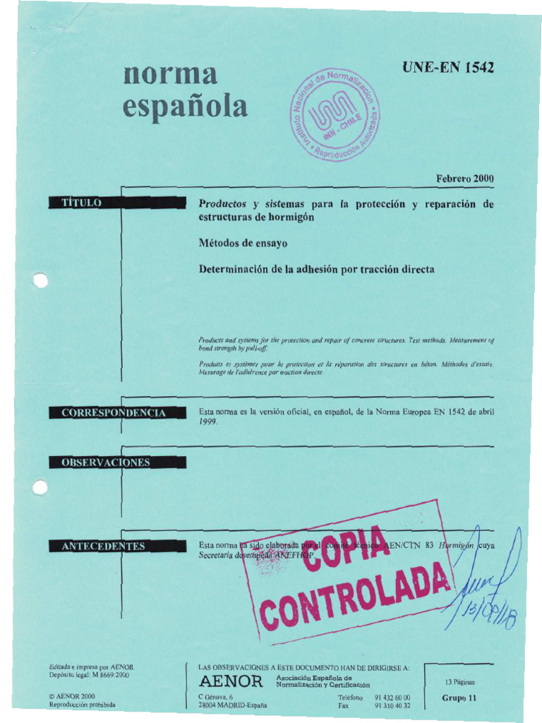 UNE - en 1542 Determinación de La Adhesión Por Tracción Directa ...