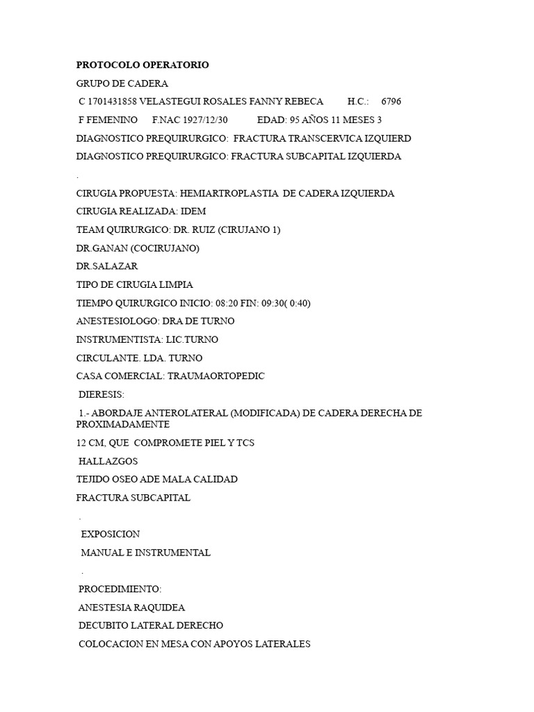 Protocolo Operatorio | PDF | Medicina CLINICA | Especialidades Medicas