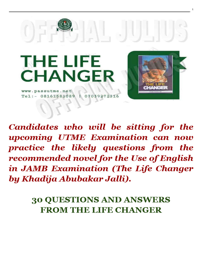 The Life Changer - 30JAMB Novel Questions & Answers - Compressed | PDF