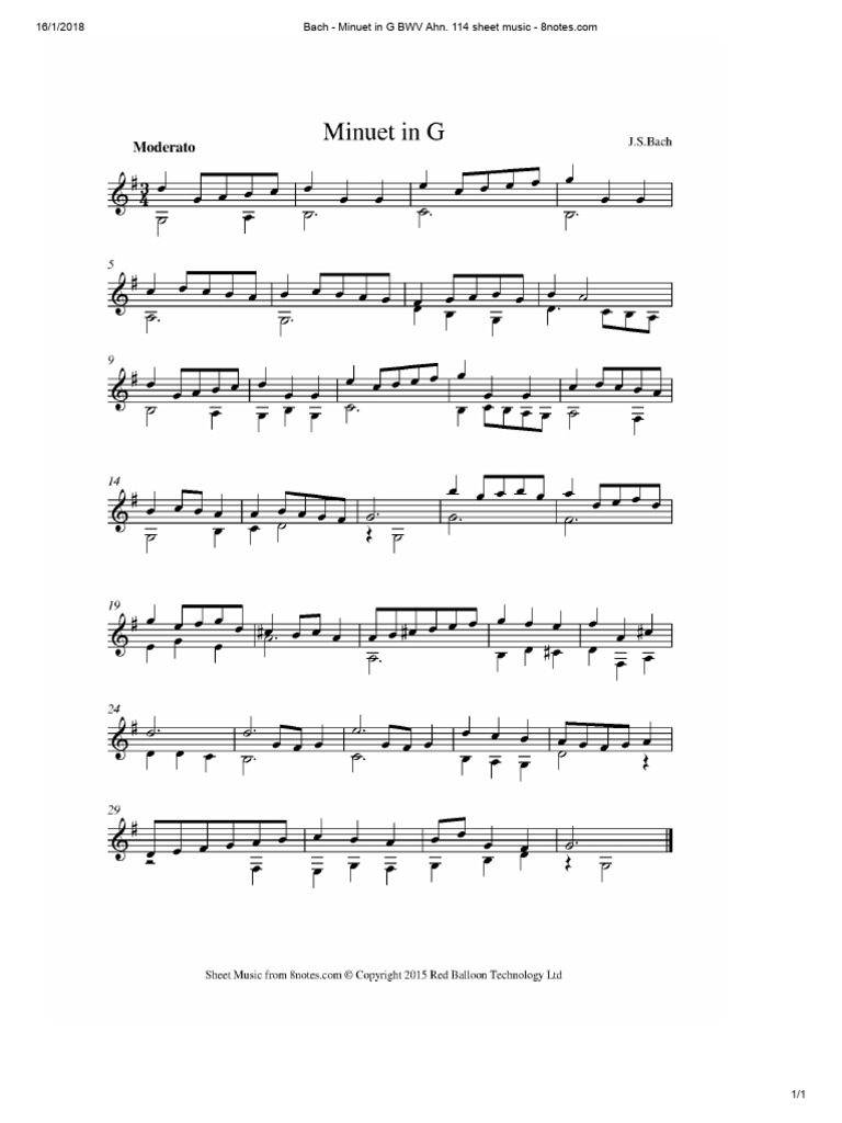Bach - Minuet in G BWV Ahn. 114 Sheet Music - 8notes | PDF