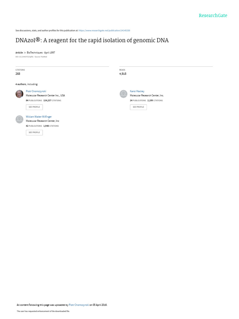 DNAzolR A Reagent For The Rapid Isolation of Genom | PDF | Polymerase ...