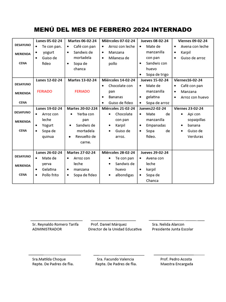 Menú Del Mes de Febrero 2024 Internado | Descargar gratis PDF | Alimentos | Cocina occidental