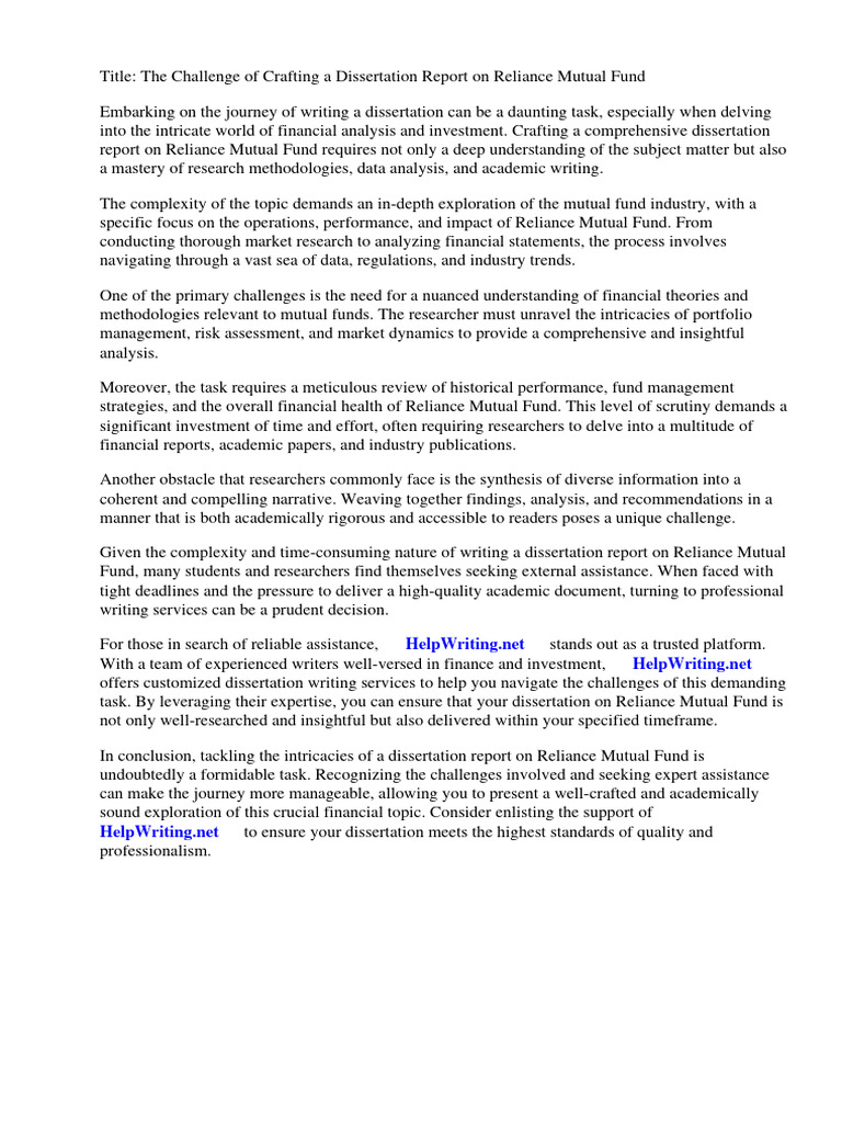 Dissertation Report On Reliance Mutual Fund | PDF | Investment Fund | Mutual Funds