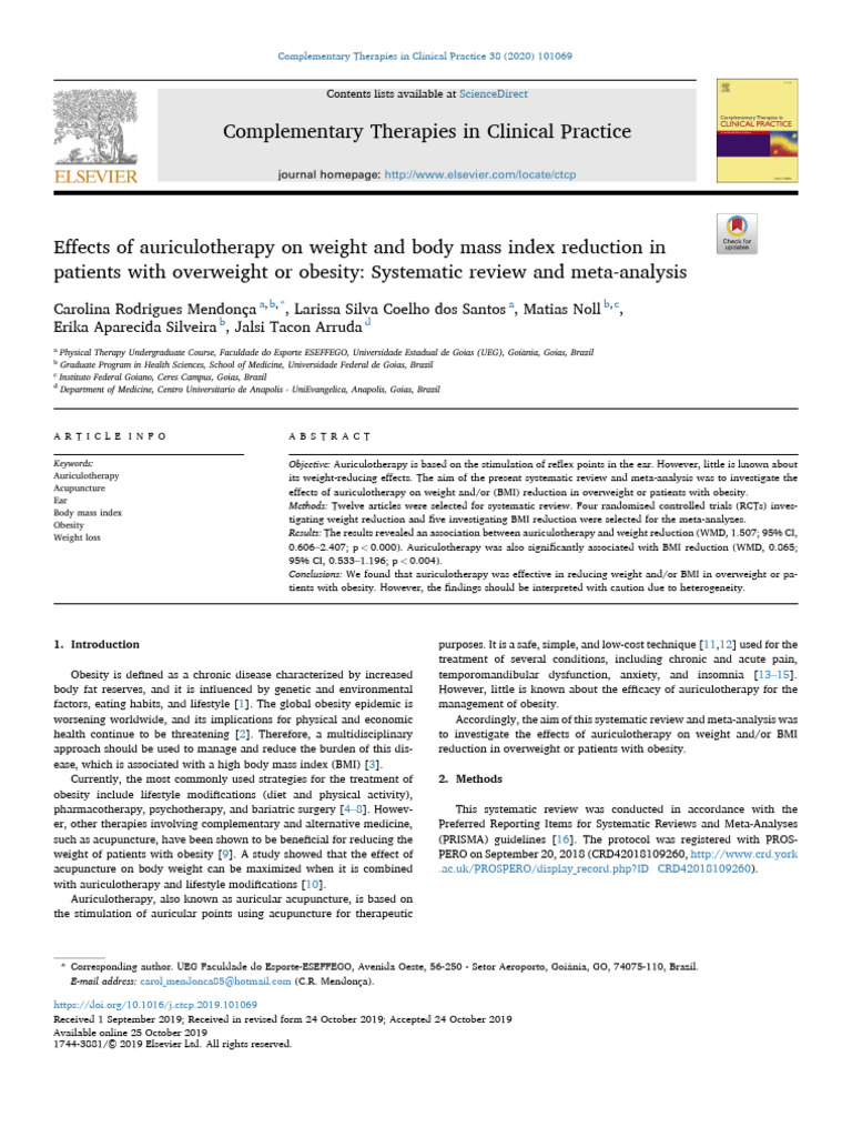 Effects of Auriculotherapy On Weight and Body Mass Index Reduction in Patients With Overweight ...