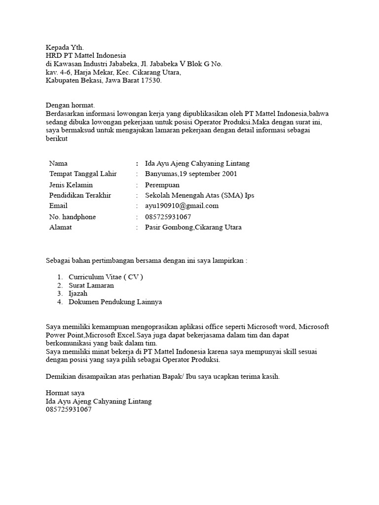 Surat Lamaran PT Mattel | PDF