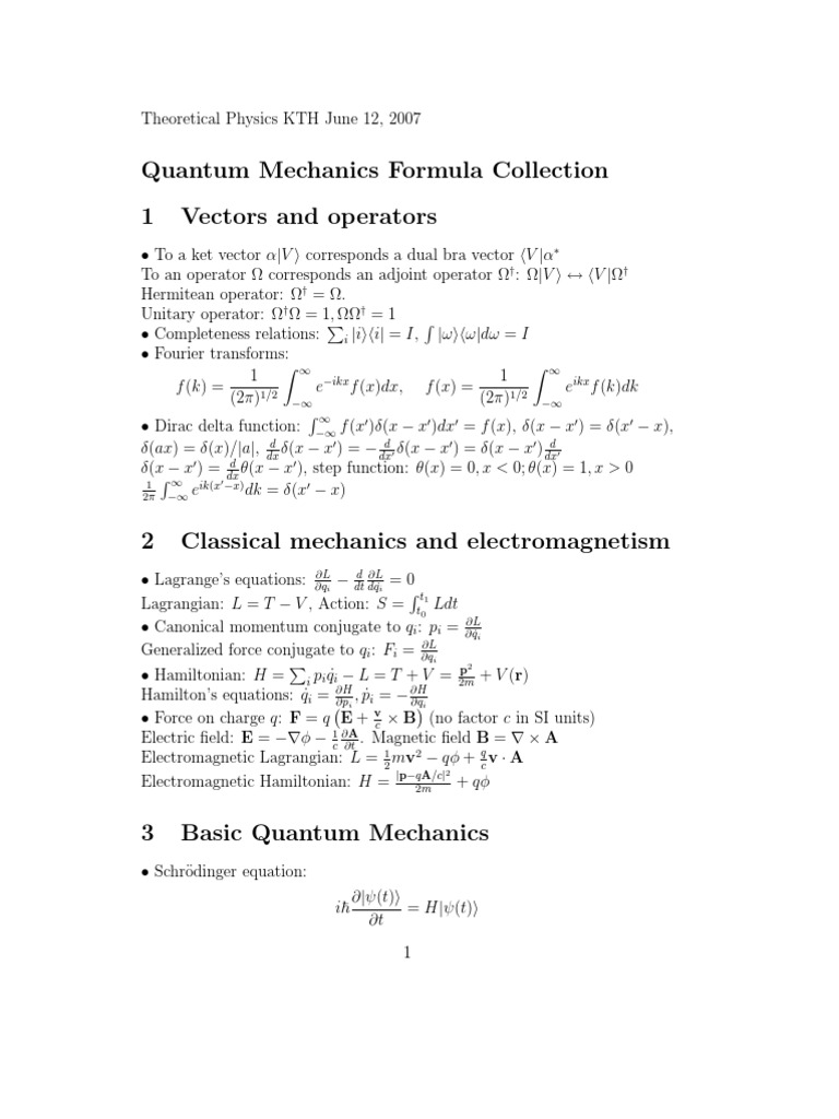 Quantum Mechanics Formula Collection 1 Vectors and Operators | PDF ...