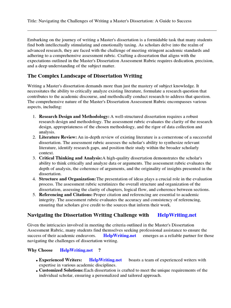 Masters Dissertation Assessment Rubric | PDF | Rubric (Academic) | Thesis