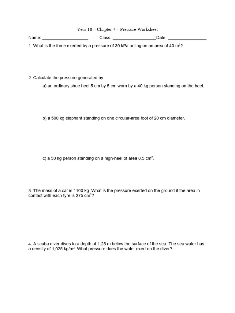 Year 10 Pressure in Liquids Worksheet | PDF