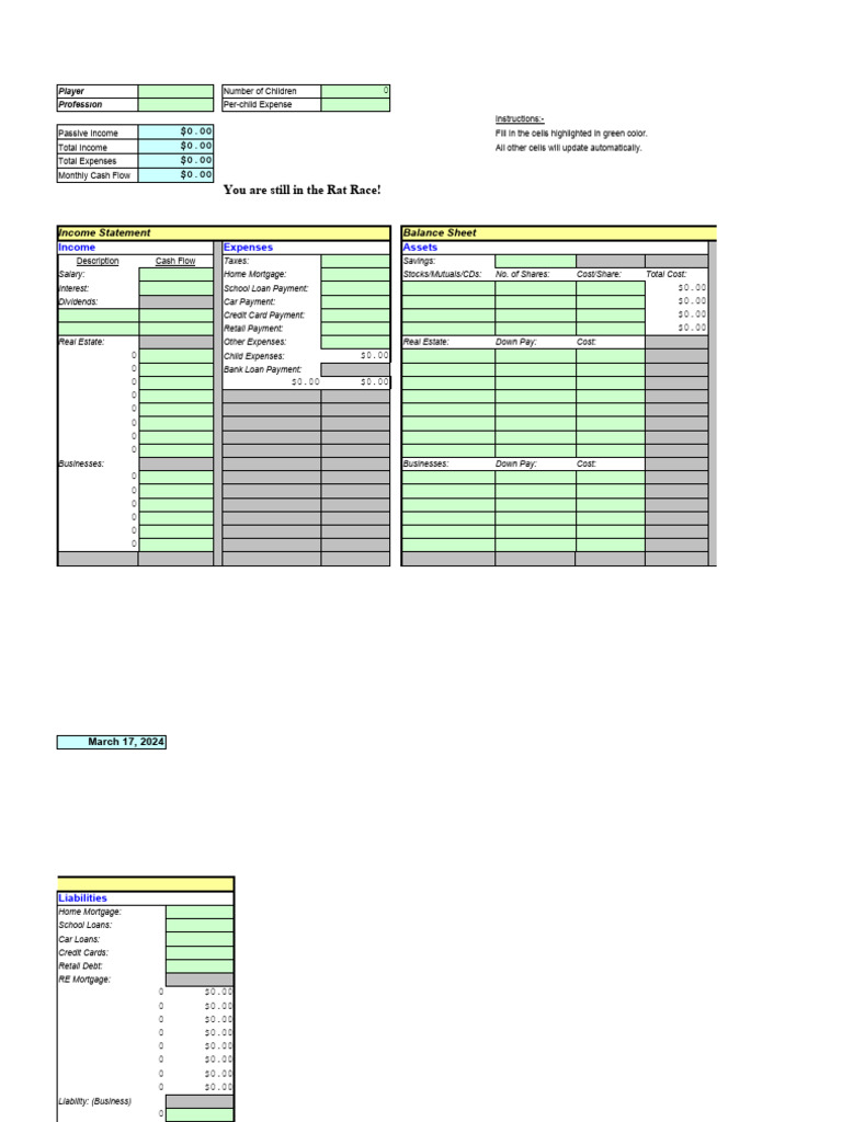 Cashflow 101 Game Sheet | PDF | Expense | Credit
