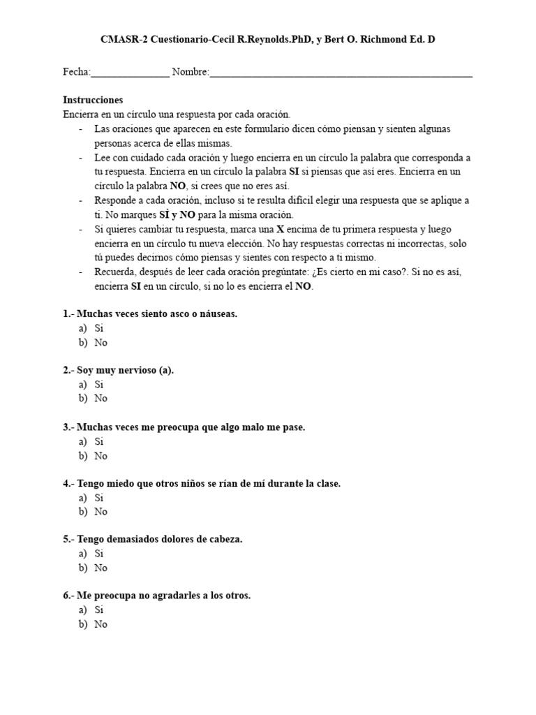 Cmasr 2 Cuestionario Cecil R Reynolds Phd Y Bert O Richmond Ed D Pdf