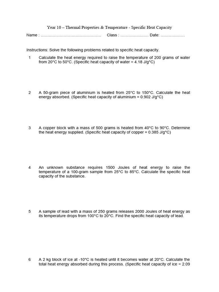 Y10 C9 Worksheet - Specific Heat Capacity | PDF | Heat | Metrology