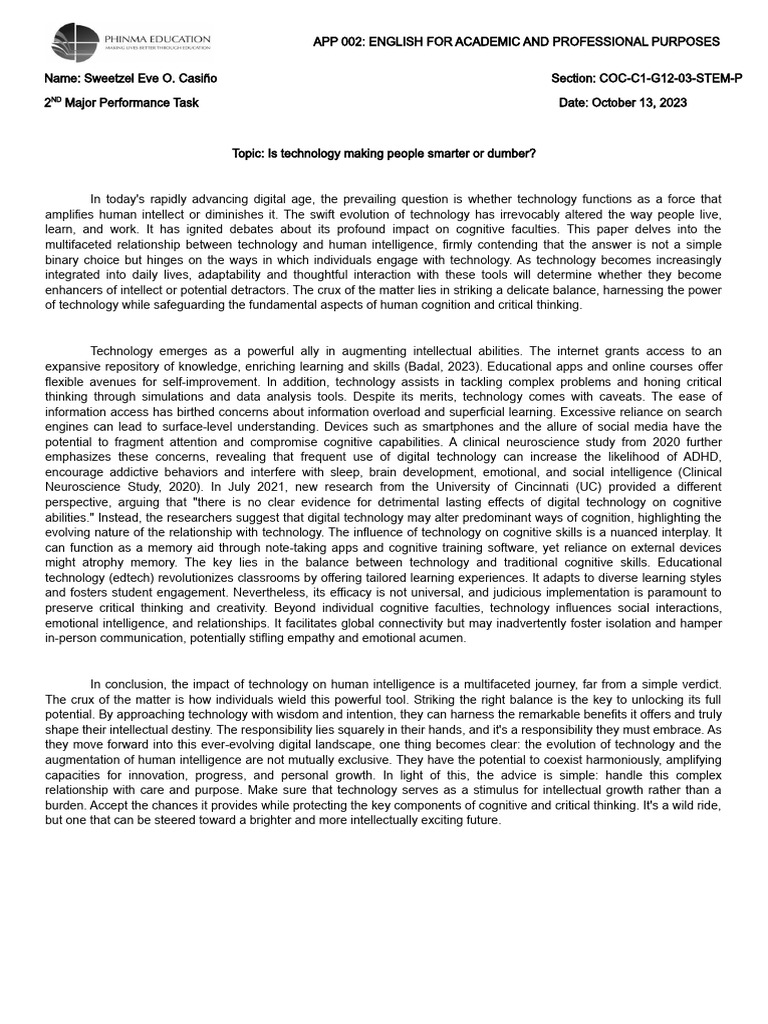Topic: Is Technology Making People Smarter or Dumber? | PDF ...
