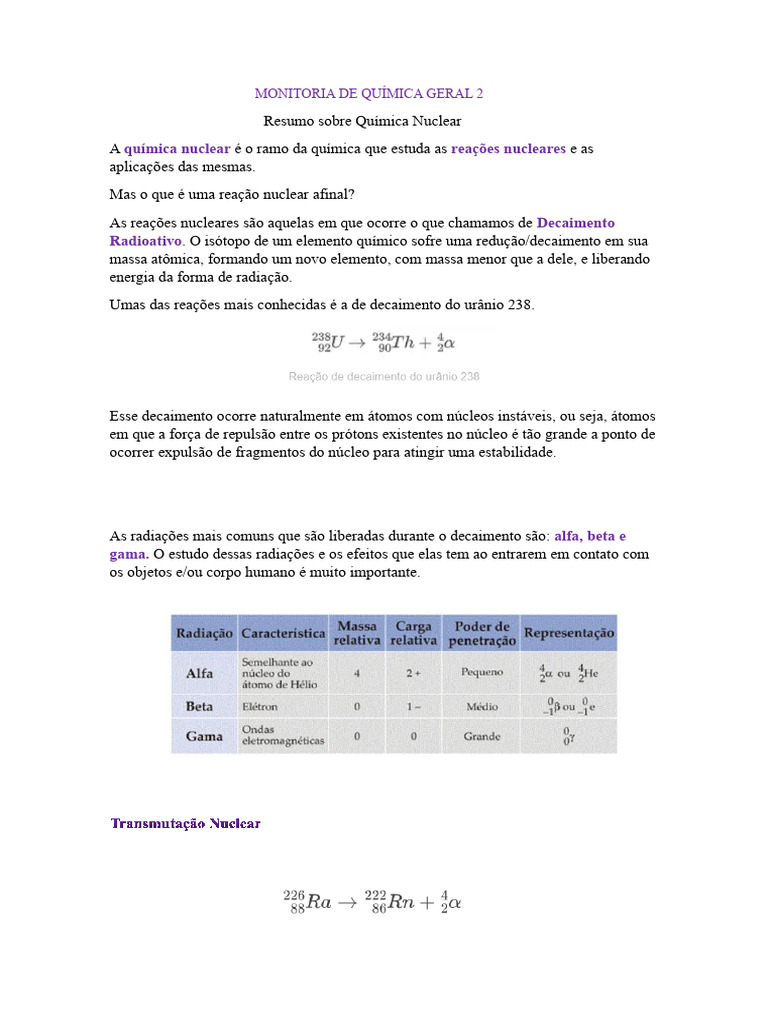 Resumo Química Nuclear, QG2 | PDF | Radioatividade | Física Nuclear