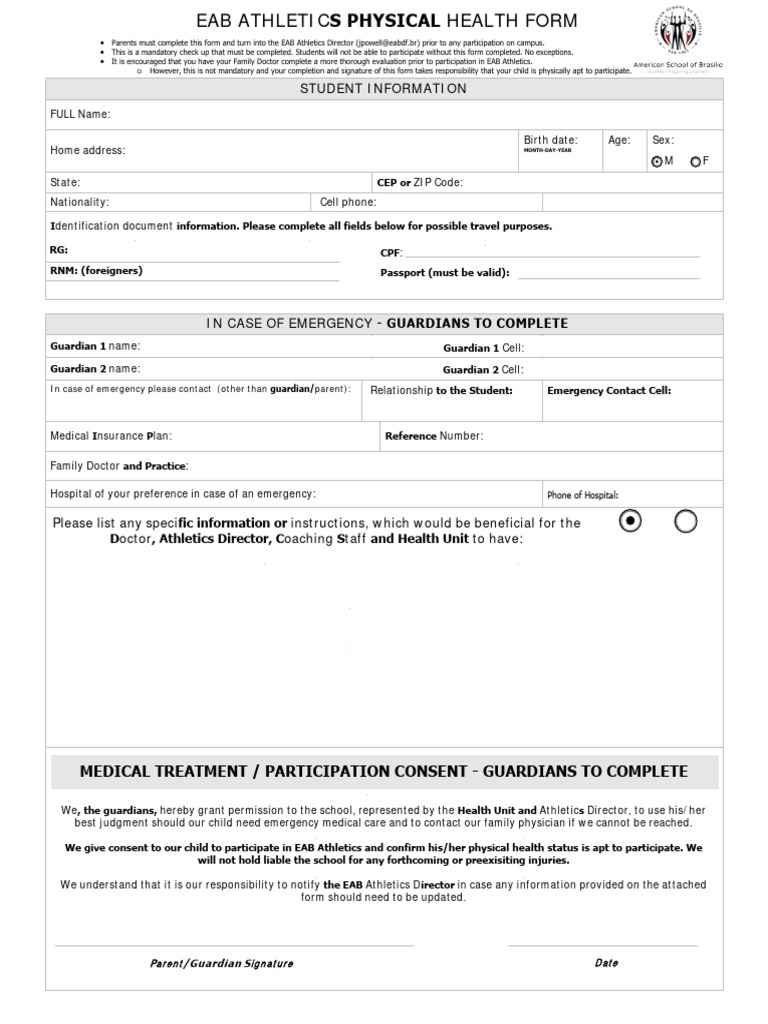 EAB Athletics Health Physical Form For Parent Guardians | PDF ...