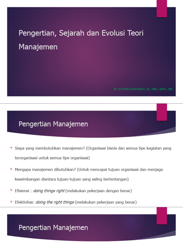 Materi Pengertian, Sejarah Dan Evolusi Teori Manajemen | PDF