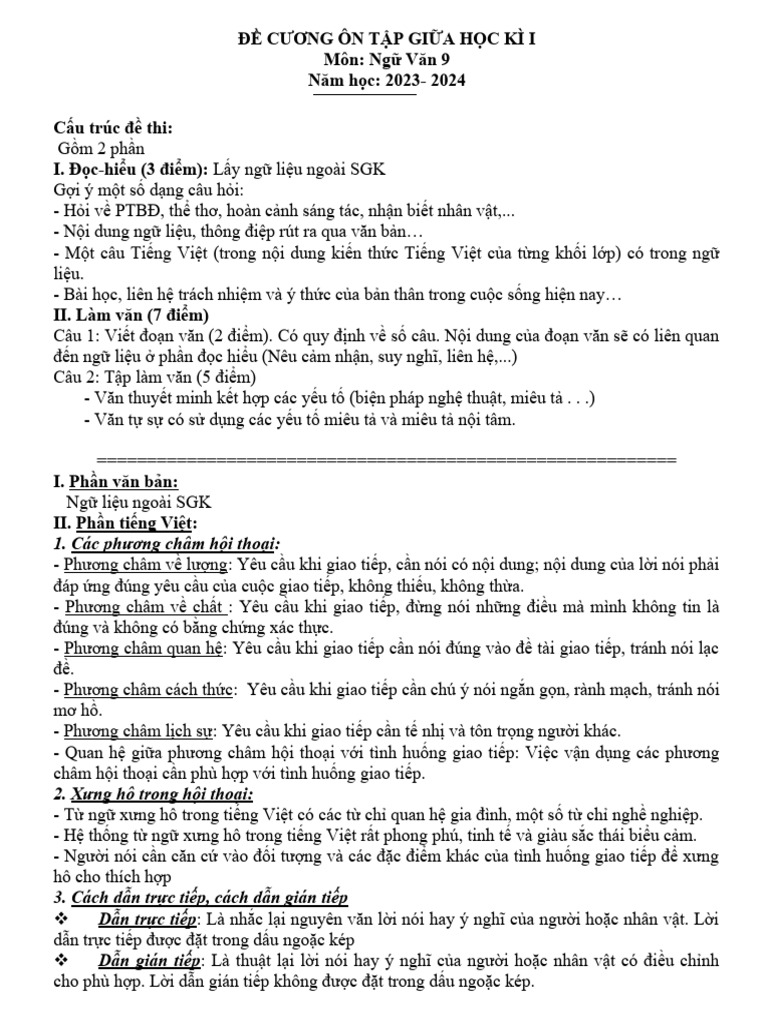De Cuong On Tap Ngu Van 9 Gi A HK1 | PDF