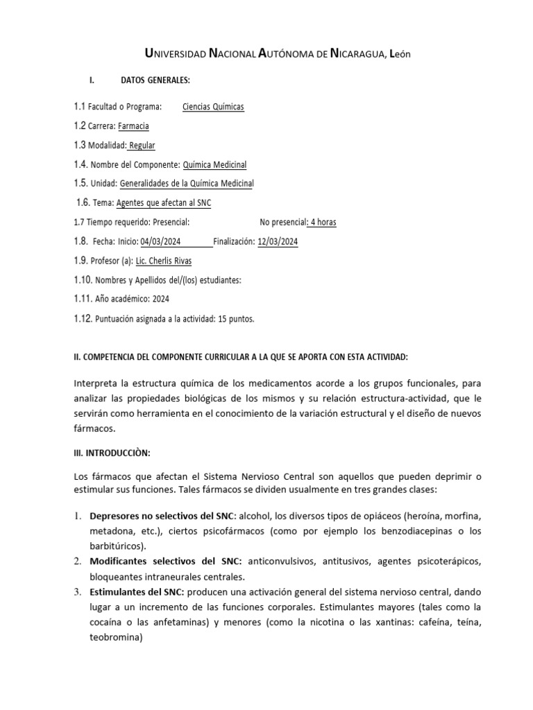 GUIA de TRABAJO 2 Farmacos Que Afectan El SNC 1.0 | PDF | Estimulante ...