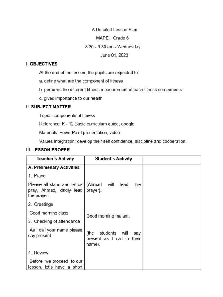 A Detailed Lesson Plan | PDF | Physical Fitness | Physical Exercise