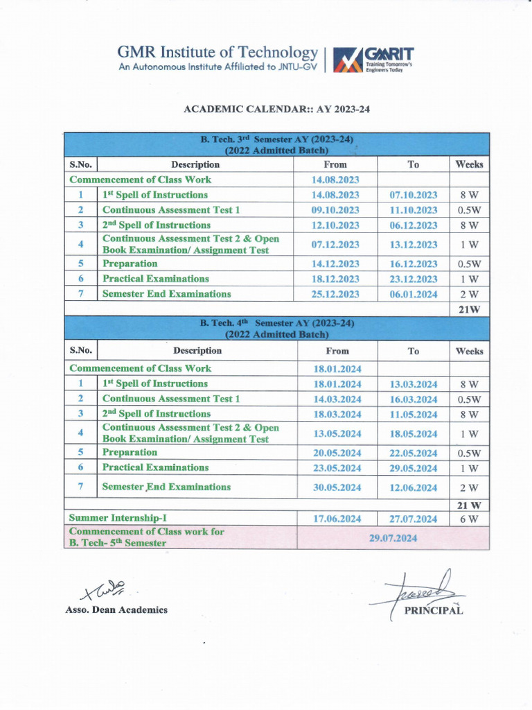B.tech 3rd - 4th Sem. Academic Calendar 2023-24 | PDF