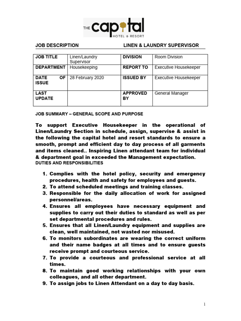 JD - Linen Supervisor | PDF