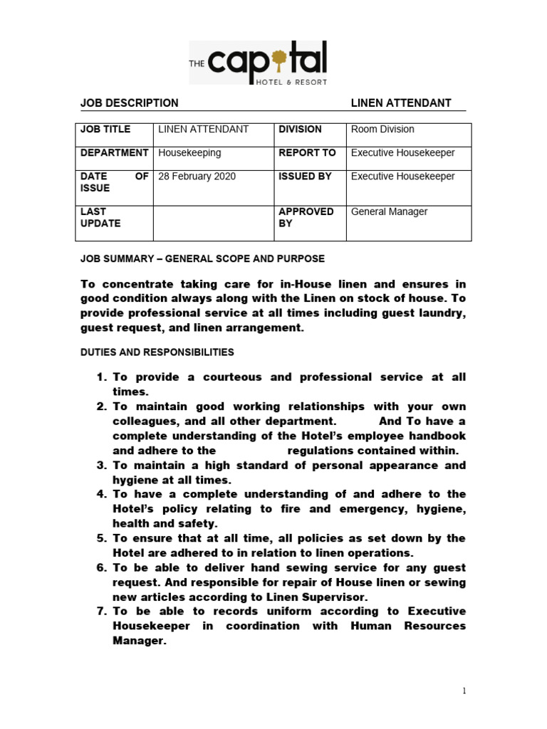 JD - Linen Attendant | PDF | Business
