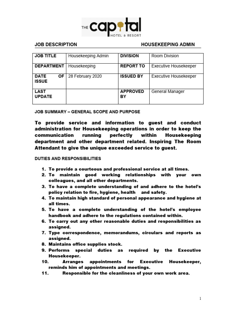 JD - Housekeeping Admin | PDF | Employment | Business