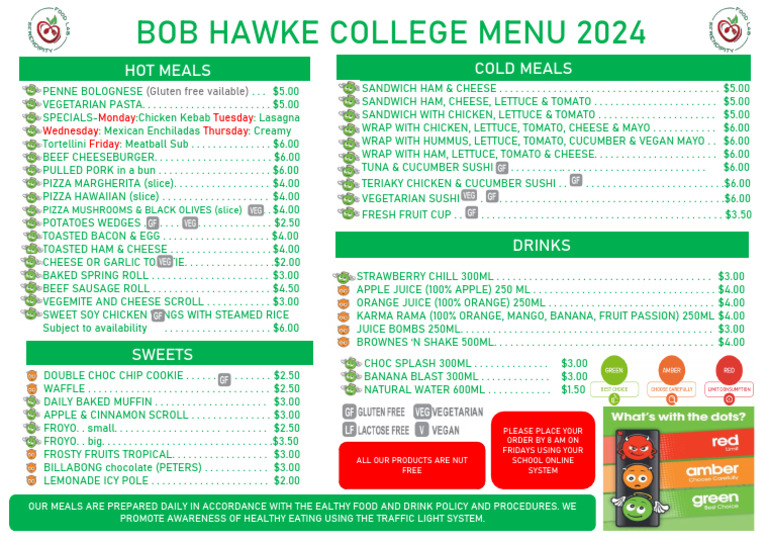 Bob Hawke College Canteen Menu 2024 | PDF | Pizza | Sushi