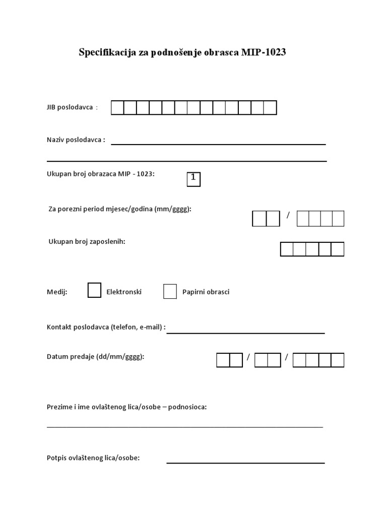 Specifikacija Za Obrazac MIP 1023 | PDF
