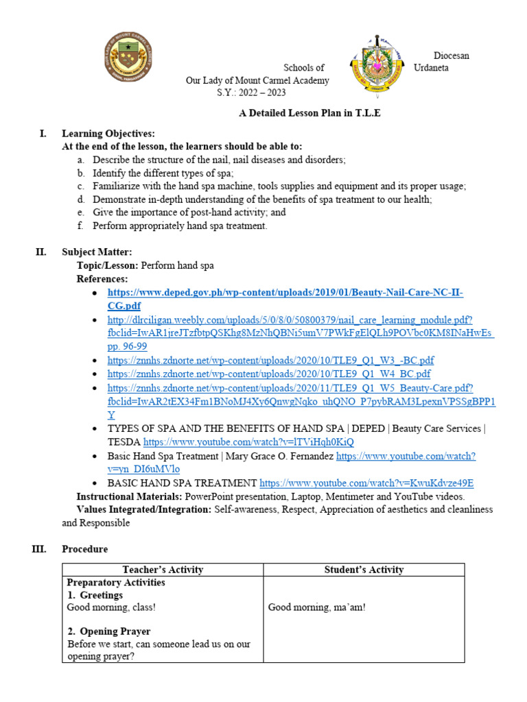 Lesson Plan in Tle 10 Lesson 1 | PDF | Nail (Anatomy)
