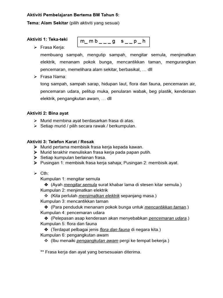Aktiviti Pembelajaran Bertema Bm Tahun 5 Pdf