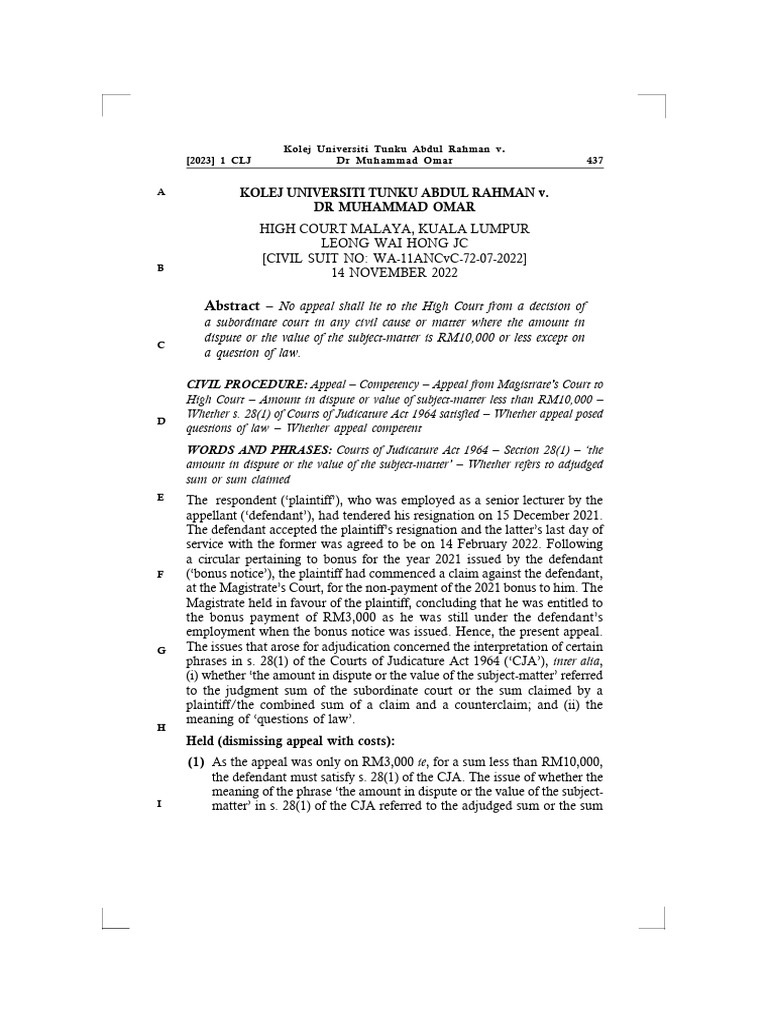 Civil Appeal To High Court Below RM10000 00CLJ 2023 1 437 Puukm4 | PDF ...
