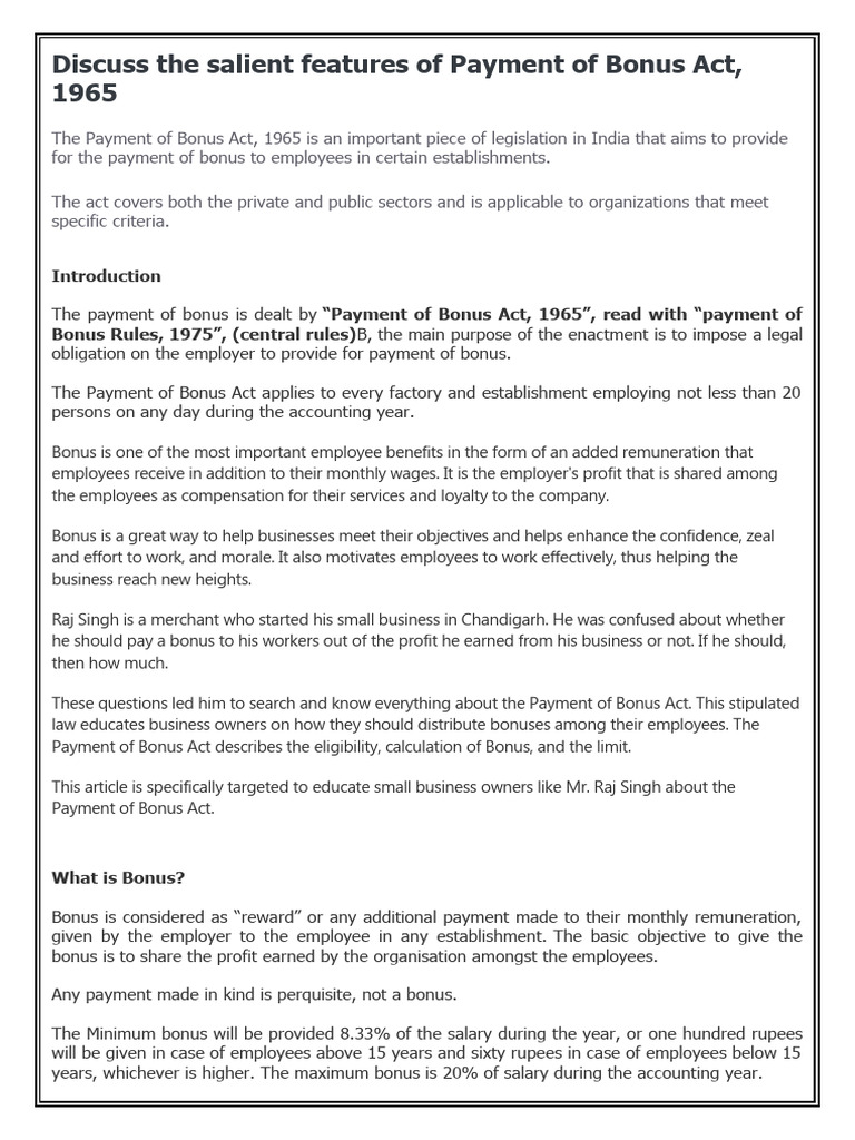 Salient Features of The Payment of Bonus Act | PDF | Salary | Employment